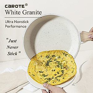 CAROTE White Nonstick Frying Pan Skillet,10" Non Stick Granite Fry Pan with Glass Lid, Egg Pan Omelet Pans, Stone Cookware Chef's Pan, PFOA Free (White Granite, 10-Inch)