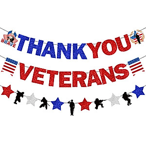 Glitter Veterans Day Decorations, NO-DIY Thank You Veterans Banner Garland, Happy Veterans Day Banner, Veterans Day Banner for Indoor Outdoor Veterans Day Decor Party, Patriotic Decorations