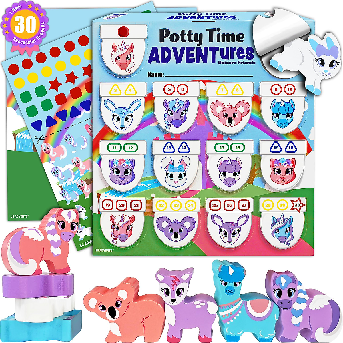 Potty Time Adventures Toddler Potty Training Chart by Lil ADVENTS - 14 Wooden Stacking Blocks / Prizes, Potty Training Advent Game - Behavior Reward Chart, Stickers & Activity Board - Unicorn Friends