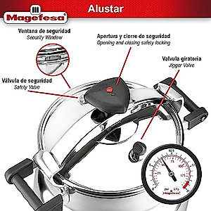 Magefesa® Alustar 23.2 Quart Pressure Cooker, recommended use for professionals, made of extra thick aluminum, express, has a Thermodiffusion bottom, 3 Security Systems