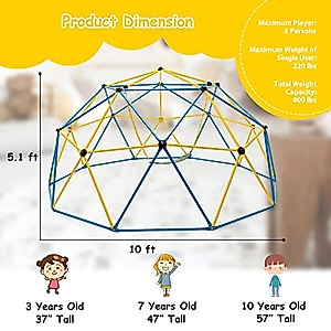 GLACER 10 FT Climbing Dome, Indoor & Outdoor Geometric Dome Climber with Swing, 800 lbs Weight Capacity, Easy Assembly Playground Jungle Gym for Kids Aged 3-10 Years Old, Blue + Yellow