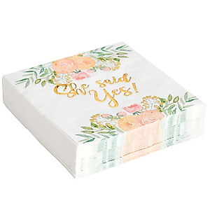 Sparkle and Bash 50 Pack Gold Foil She Said Yes Napkins for Engagement Party Supplies, Bridal Shower Decorations, Luncheon, Wedding Decor, Disposable, 3-Ply (White, 5 x 5 Inches)