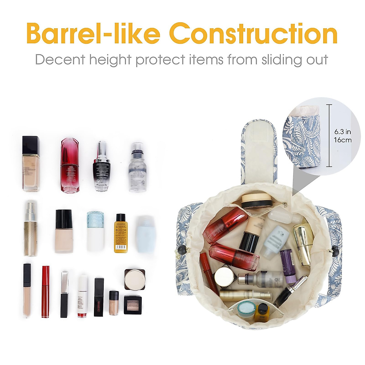 Barrel Drawstring Makeup Bag Large Cosmetic Bag Make up Bags Toiletry Organizer for Women (Blue Leaf) (Patent Pending)