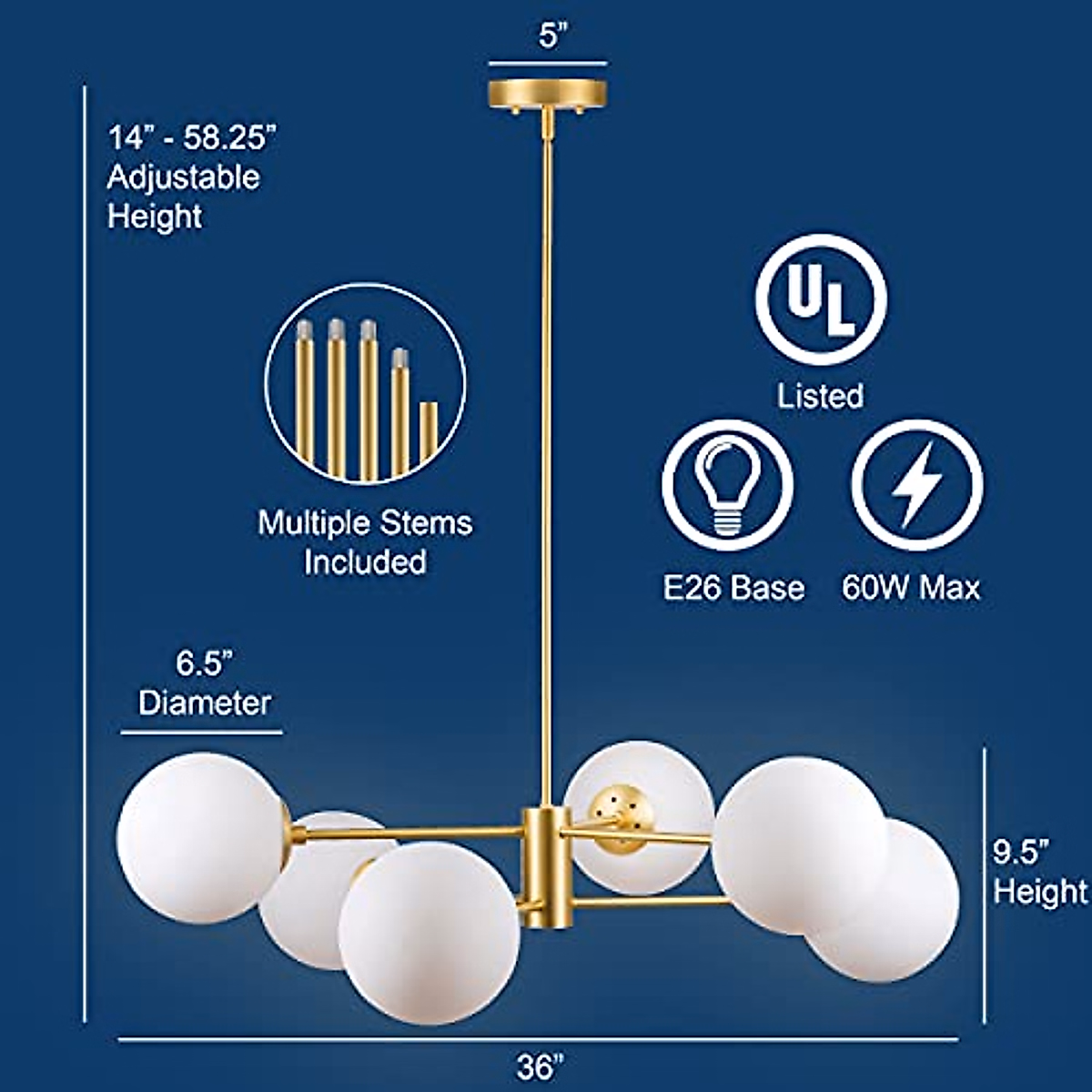 Linea di Liara Caserti Gold Sputnik Chandelier Modern Ceiling Light 6 Glass Globe Lights Mid Century Modern Chandelier for Dining Room Kitchen Bedroom Sputnik Light Fixture, UL Listed