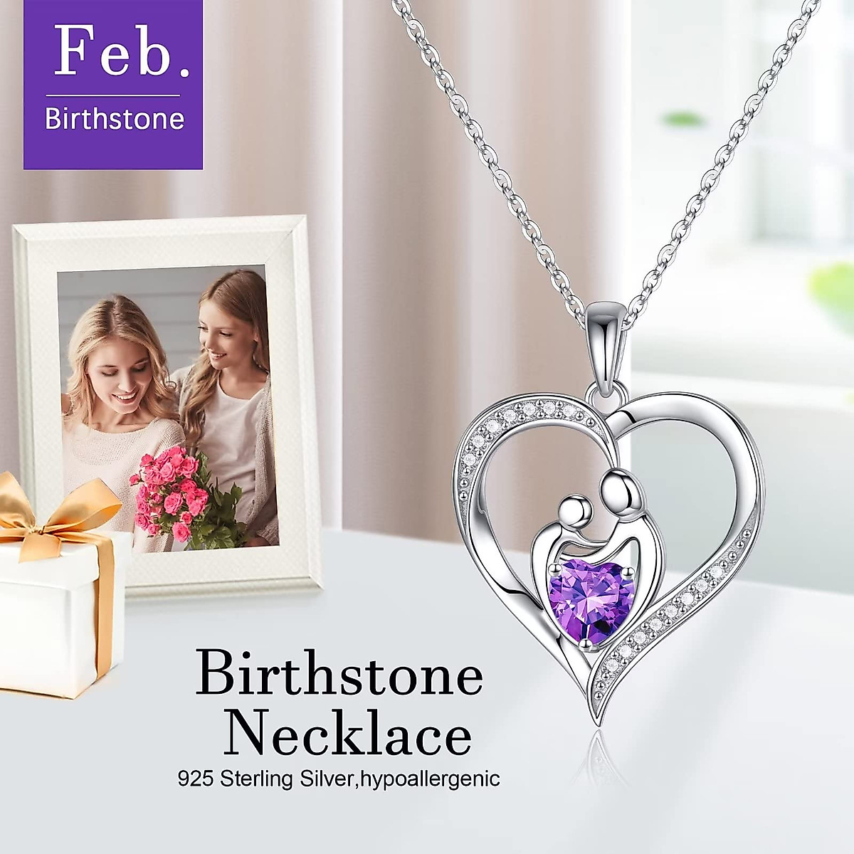 Mom and Daughter Gifts Necklaces, Sterling Silver Birthstone Jewelry New Mom Gifts First Mothers Day Gifts Valentines Day Birthday Gifts for Mom Daughter February Purple Amethyst Necklace Jewelry