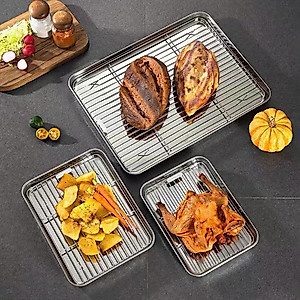 N&S AMOCWJ Food Grade Cookie Sheet with Wire Rack, Half Baking Pan for Oven Cooking, Stainless Steel Rimmed Tray Cooling Roasting Broiling Bacon Meat Steak - Dishwasher Safe (XL), Silver