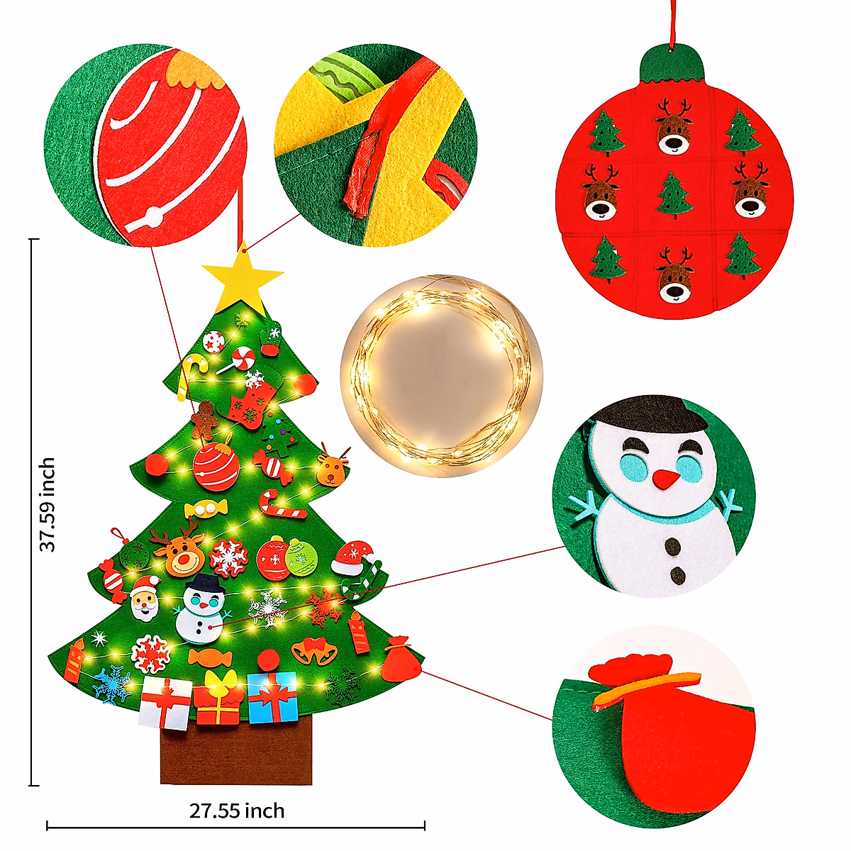 Max Fun DIY Felt Christmas Tree Set Plus Tic-Tac-Toe Games for Kids Toddlers Wall Hanging Decorations Felt Craft Kits for Xmas Party Favors