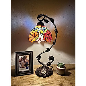 Enjoy Tiffany Style Table Lamp Stained Glass Rose Flowers Iron Metal Leaves Bronze Base Vintage for Living Room Dining Room Bedroom Bedside Office Hotel H21*W11 in