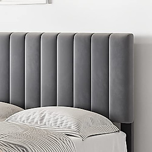 Amyove Full Size Bed Frame with Headboard, Velvet Upholstered Platform Bed Frame with Adjustable Headboard and Wooden Slats Support, No Box Spring Needed, Easy Assembly, Dark Grey (Full)