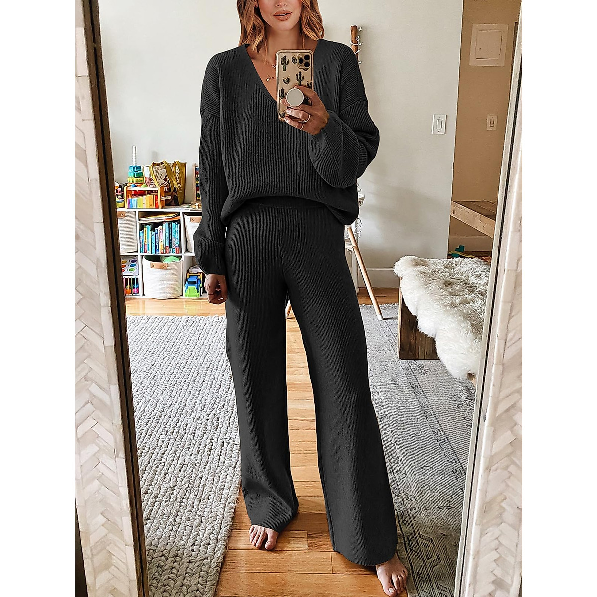 ANRABESS Women's Two Piece Outfits Sweater Sets Long Sleeve V Neck Knit Pullover and Wide Leg Pants Sweatsuit Lounge Set Black Large