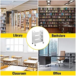 VEVOR Book Cart, Library Cart 6-Shelf, Rolling Library Book Cart Double Sided W-Shaped Sloped Shelves with 4-Inch Lockable Wheels, for Home Shelves Office and School Book Truck in White