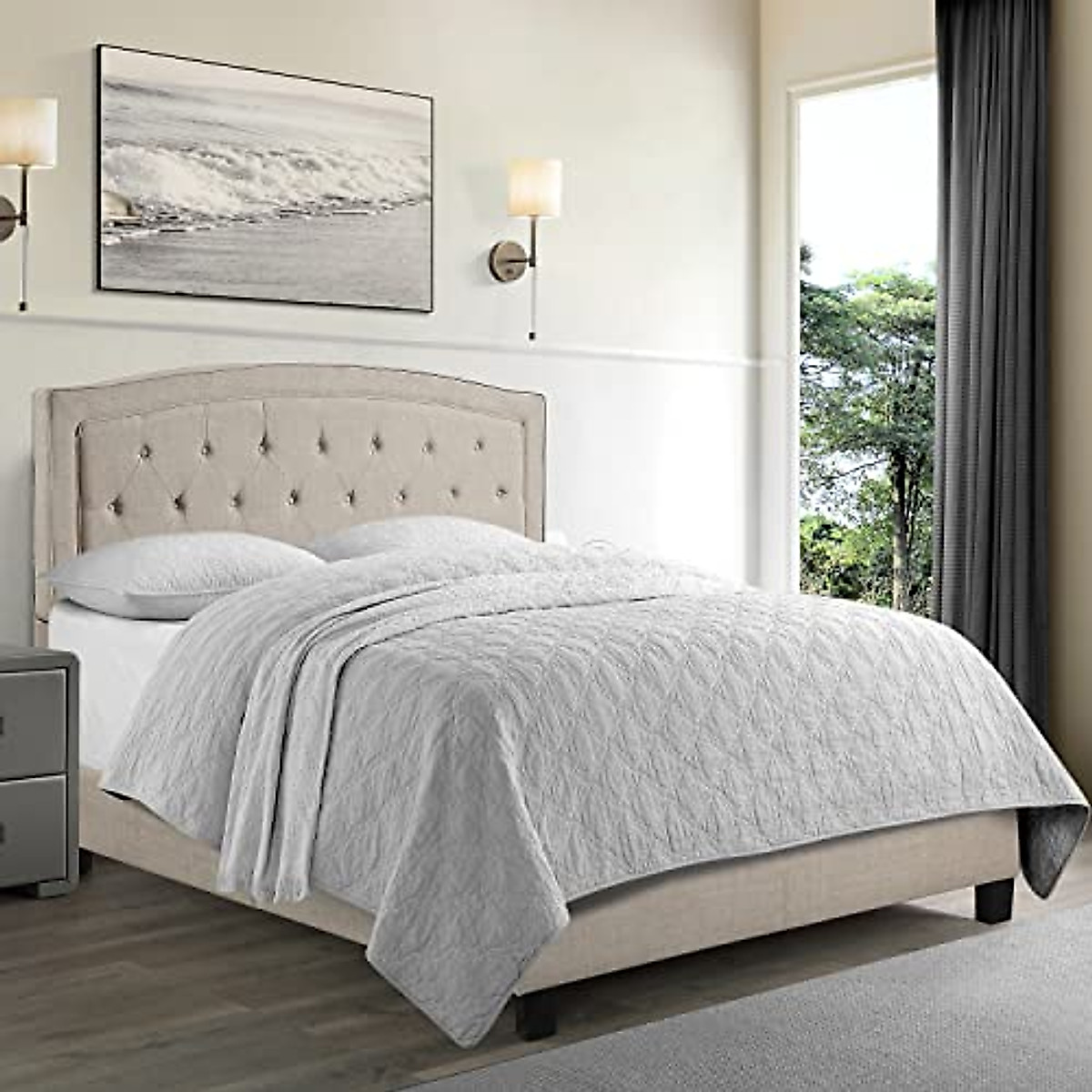 Rosevera Layla Panel Bed Frame with Adjustable Button-Tufted Headboard for Bedroom/Linen Upholstered/Wood Slat Support/Easy Assembly,Queen,Warm Beige