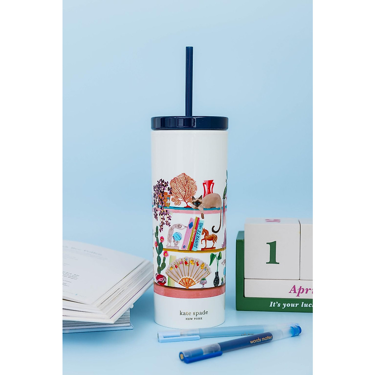 Kate Spade New York Insulated Tumbler with Reusable Straw, 20 Ounce Acrylic Travel Cup with Lid, Bookshelf