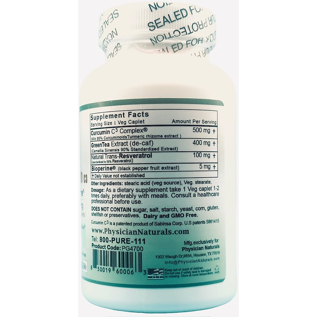 Physician Naturals Green Tea and Curcumin C3 with Resveratrol and Bioperine 1000 mg Supports Immune Joint and Colon Health