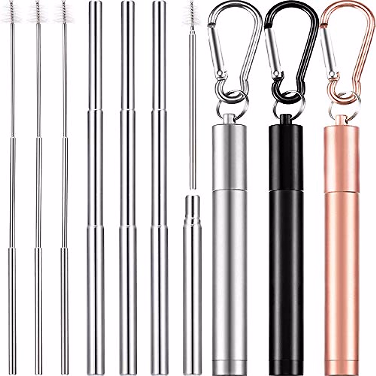 Collapsible Reusable Telescopic Metal Straws 3 pack Stainless Steel Brush Drinking Straws Foldable Straw Mix (Rose, Black, Silver)