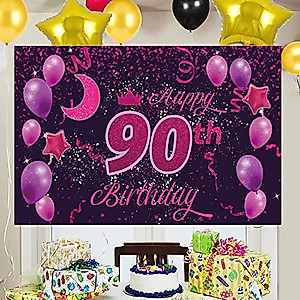 Sweet Happy 90th Birthday Backdrop Banner Poster 90 Birthday Party Decorations 90th Birthday Party Supplies 90th Photo Background for Girls,Boys,Women,Men - Pink Purple 72.8 x 43.3 Inch