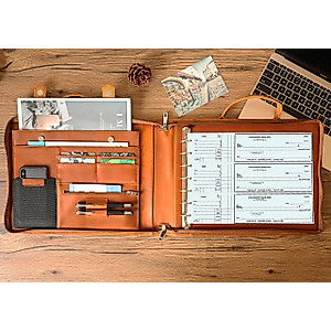 7 Ring Check Binder Cowhide Leather Check Portfolio for 3-Up Business Checks, Check Book Binder with Handle, Zippered Check Holder with 500 Check Capacity, Personalized Checkbook