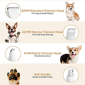 Masagotti Dogs Hair Clippers Grooming Kit with Nail Grinder, 4 in 1 Cordless Electric Trimmer Low Noise USB Pet Clippers for Dogs Cat,Grooming Paws, Eyes, Ears, Face,Matted Hair