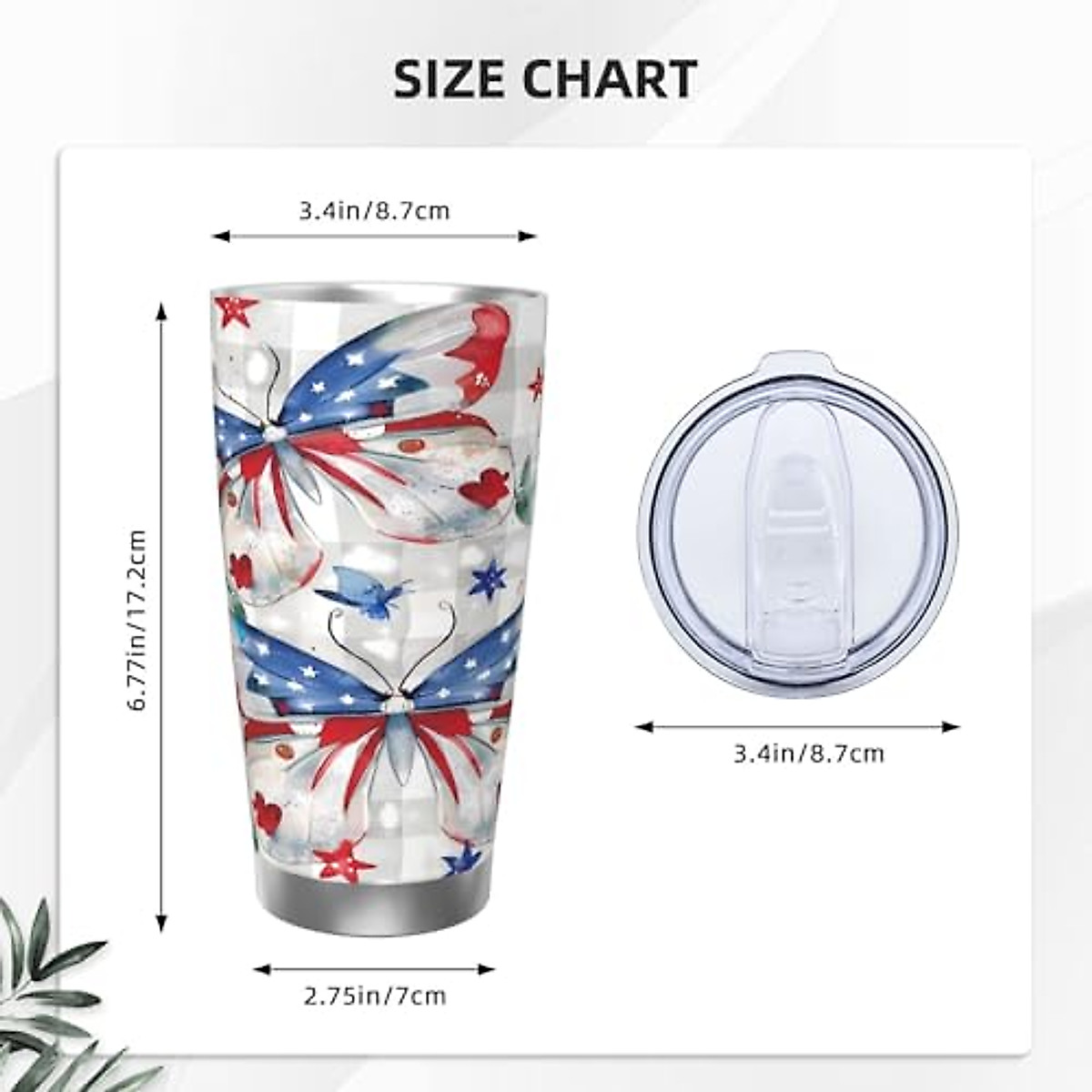AYCZN Butterfly American 20 OZ Tumbler Stainless Steel Travel Coffee Mug, Usa Flag Star Insulated Water Bottle with Lid and Straws Leakproof Thermal Cup