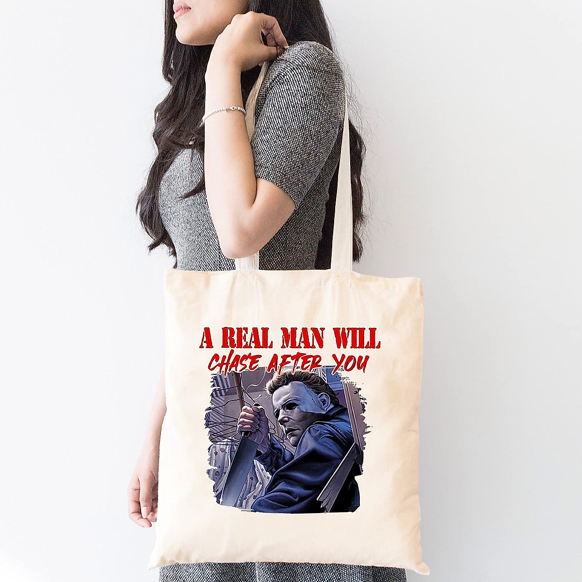 Michael Myers a Real Man Will Chase After You Canvas Tote Bag Halloween Horror Reusable Shopping Bag 15.8 x 13.5 inches