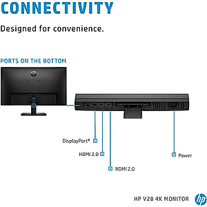 HP New Premium v28 4K Monitor: 28" UHD 3840 x 2160 (4K) TN Slim-Edge Display, AMD FreeSync Tech, Height/Tilt Adjustment, HDMI, DisplayPort, 1ms Response time, 16:9 Aspect Ratio, 60Hz, TF HDMI Cable