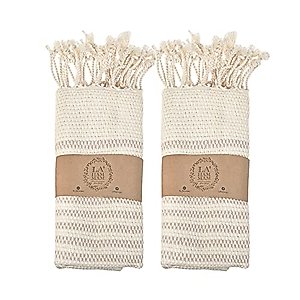 La Hammam Turkish Hand Towels Set of 2, 18"x36", Cotton, Ultra Soft, Absorbent & Quick Dry, Decorative Hand Towel for Bathroom, Kitchen, Hair, Dishcloth, Tea, Yoga, Face, Gym & Spa Shiran Beige