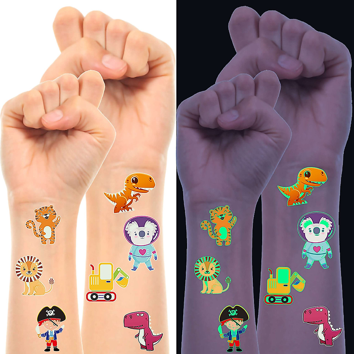 EGMBGM 30 Sheets Animals Glow in The Dark Temporary Tattoos For Kids Boys Girls Teens, Dinosaur Construction Pirate Space Astronaut 3D Glowing Fake Glitter Luminous Tattoo Stickers Toddler Children