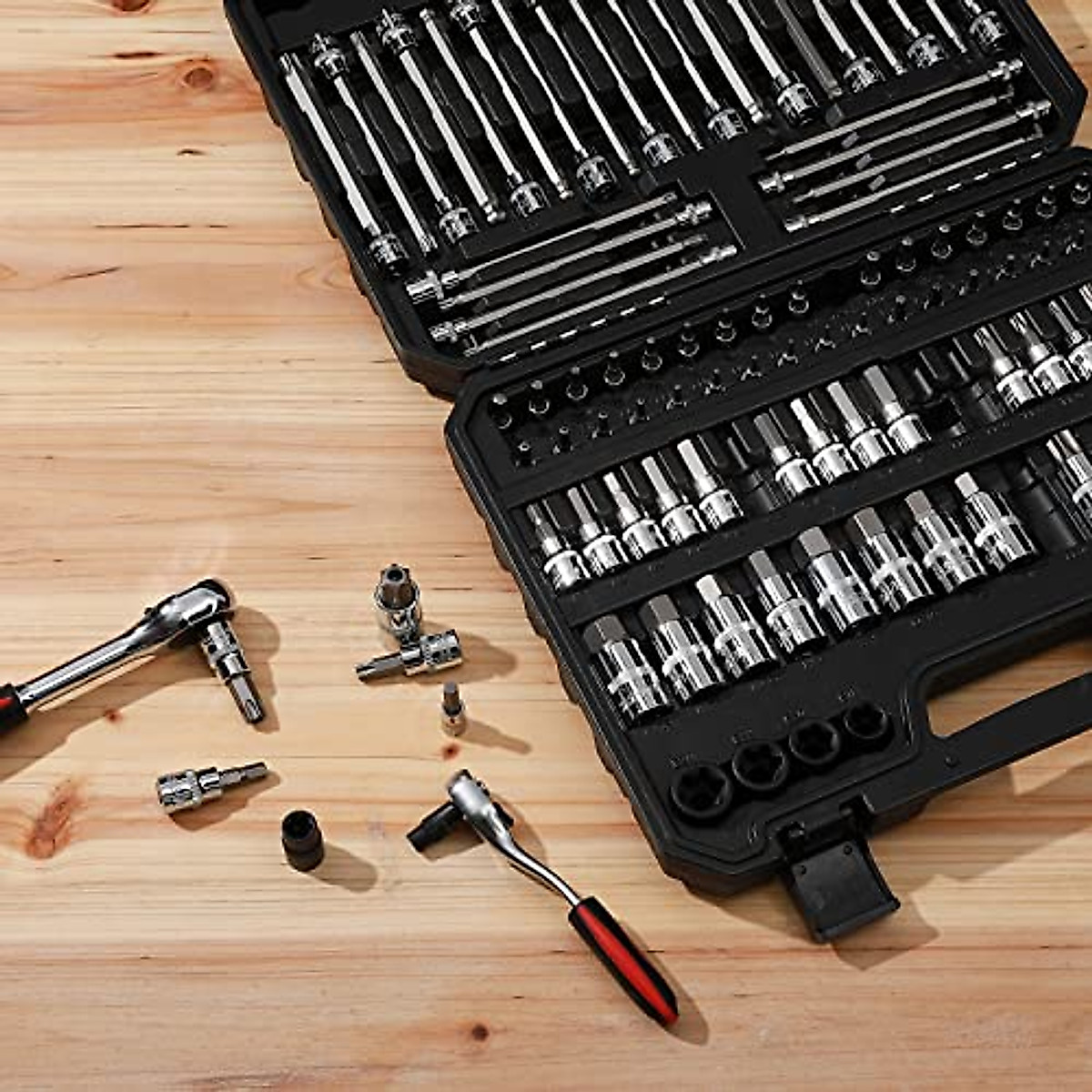 Mayouko 107 Pieces Bit Socket Set, 1/4", 3/8" and 1/2" Drive, Torx/Extra Long Torx/Tamper Proof Torx/Hex/Ball End Hex, SAE/Metric, S2 Steel Bits