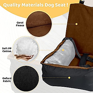 IFurffy Dog Car Seat, Pet Car Seat with Storage Pockets and Clip-On Safety Leash, Washable Coral Fleece Dog Booster Seat for Small Medium Dogs, Small Dog Car Seat for Travel Dog Car Bed (Brown)