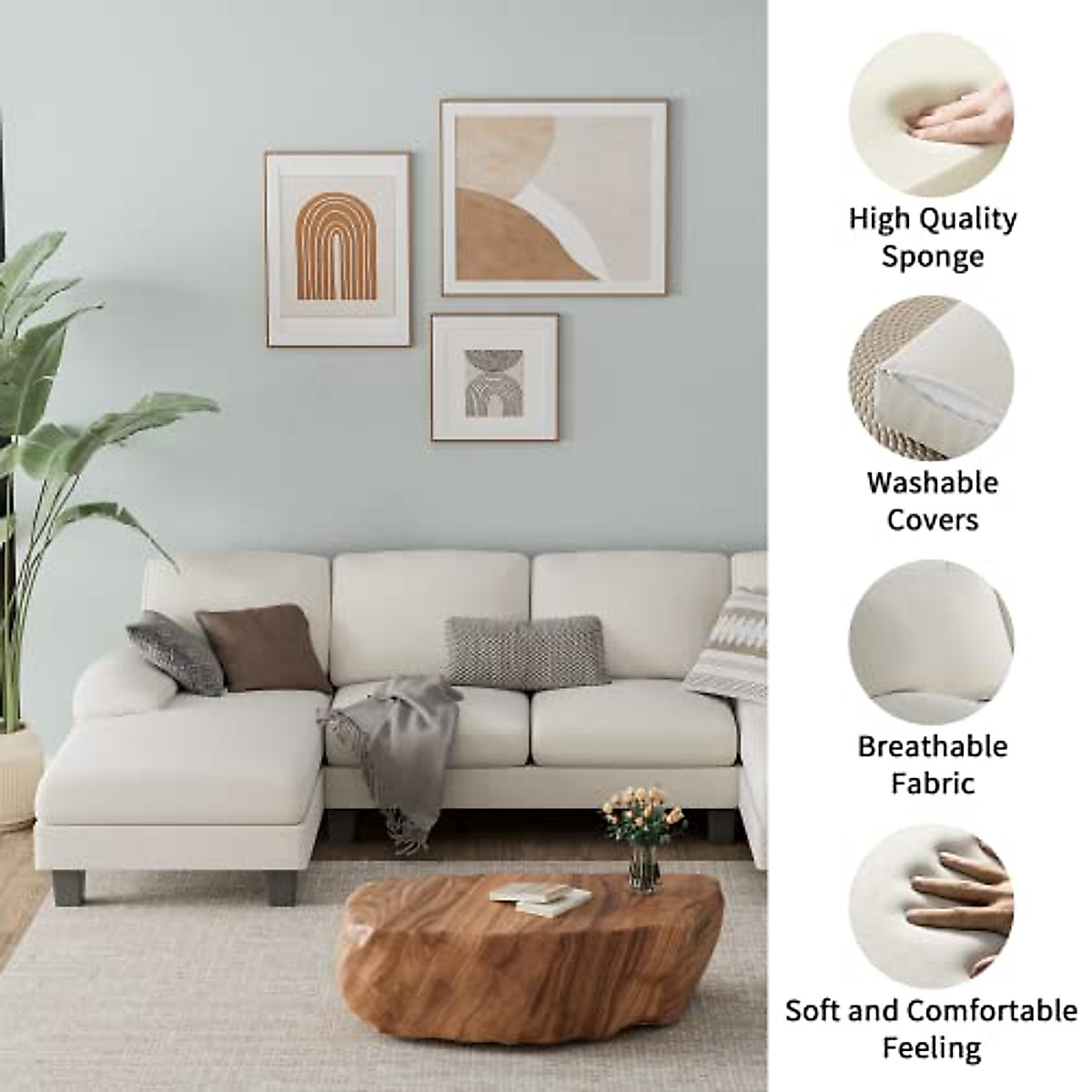 Flamaker Convertible Sectional Sofa Couch, Modern Fabric U-Shaped Living Room Furniture Set, 4-Seat Sectional Sleeper Sofa with Double Chaise & Memory Foam (White)