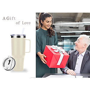 momocici 40 oz Tumbler with Handle and Straw Lid.40oz Insulated Travel Mug Handle.40oz Coffee Cup Handle.Keep Drinks Cold & Hot,Leak Proof Lid,Dishwasher Safe., Cream, (DrinkTUM-Hx2)