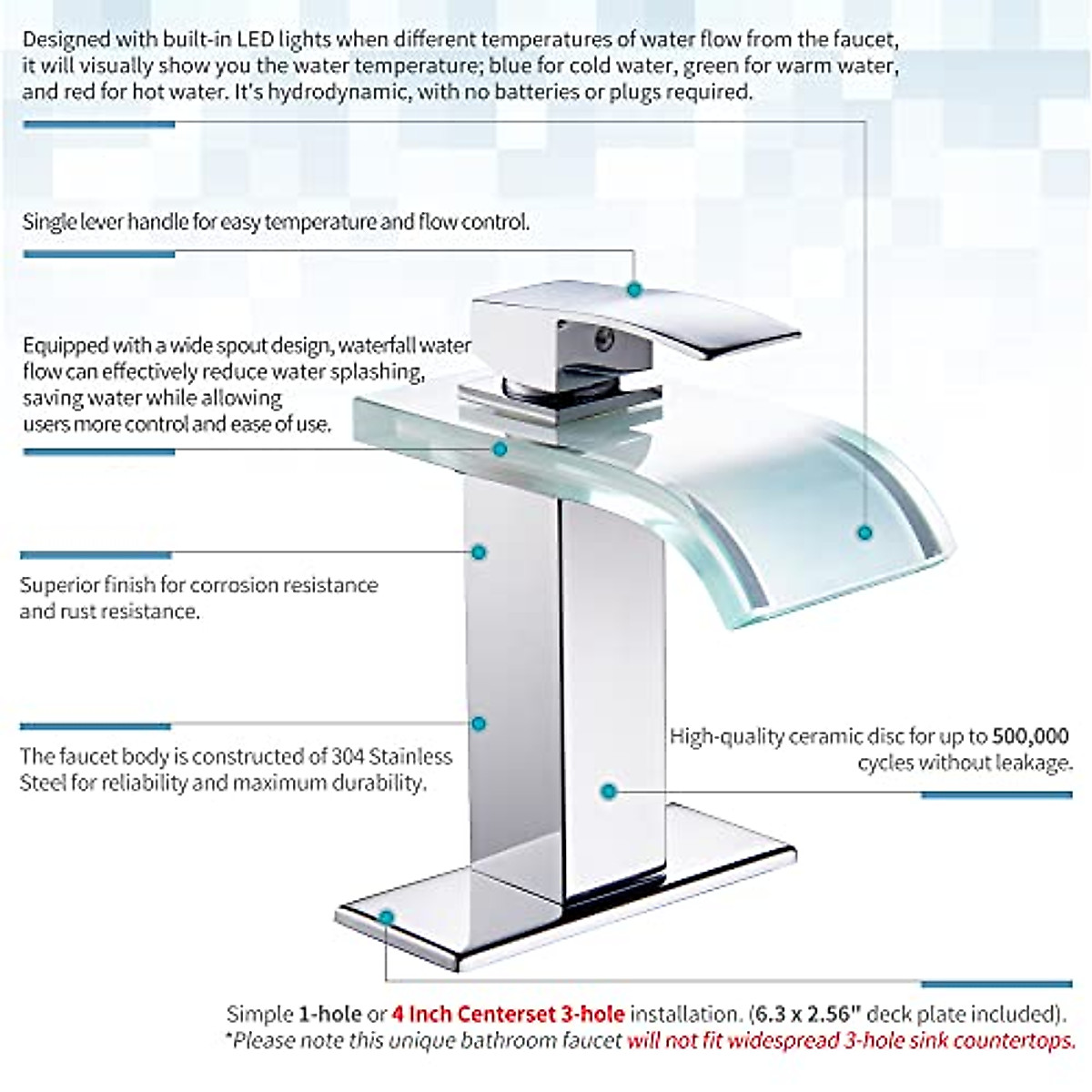 Y-Garhe LED Bathroom Faucet, Chrome Waterfall Bathroom Faucet, Newest Bathroom Faucet, Waterfall Bathroom Sink Faucet, Bathroom Faucets for Sink 1 Hole, 4 Inch Centerset Bathroom Faucet