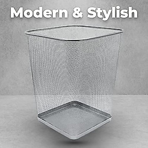 Greenco Mesh Square Wastebasket, 6 Gallon, 2pk (Silver) - Lightweight & Sturdy Office Trash Cans for Near Desk - Garbage Can for Bedroom, Kitchen, Dorm - Garbage Bin - Trash Can Office & Home Supplies