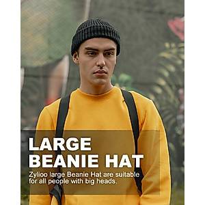 Zylioo XXL Knit Beanie Cap,Oversize Stocking Hats for Big Heads,Cuffed Skull Caps,Large Stretchy Winter Hats Black