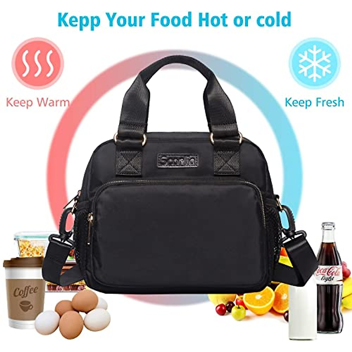 Scorlia Insulated Lunch Bag for Women, Reusable Lunch Cooler Tote Box, Lunch Organizer with Adjustable Shoulder Strap, Front Zipper Pocket and Mesh Side Pockets for Adults, Work, Black