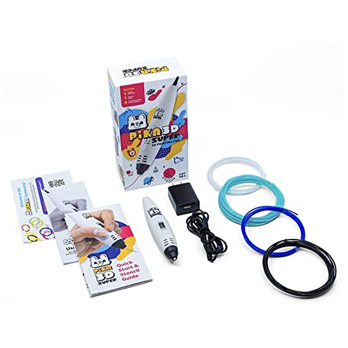 PIKA3D Super 3D Printing Pen - Includes 3D Pen, 4 Colors of PLA Filament Refill with Stencil Guide and User Manual
