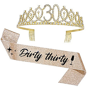JunyRuny 30th Birthday Sash & Tiara Set, Happy Birthday Decorations for Women, 30th Birthday Gifts for Her, Happy Dirty 30 Birthday crown, Supplies (Gold Dirty Thirty)
