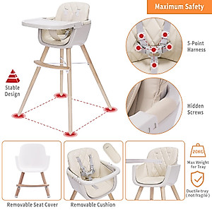 3-in-1 Convertible Wooden High Chair,Baby High Chair with Adjustable Legs & Dishwasher Safe Tray, Made of Sleek Hardwood & Premium Leatherette, Cream Color