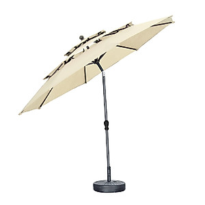 PUPZO 10ft Patio Umbrella 3 Tiers Outdoor Table Umbrella Market Umbrella with Tilt Adjustment and 8 Sturdy Ribs Umbrella for Garden, Backyard, Pool, Beach (Khaki)