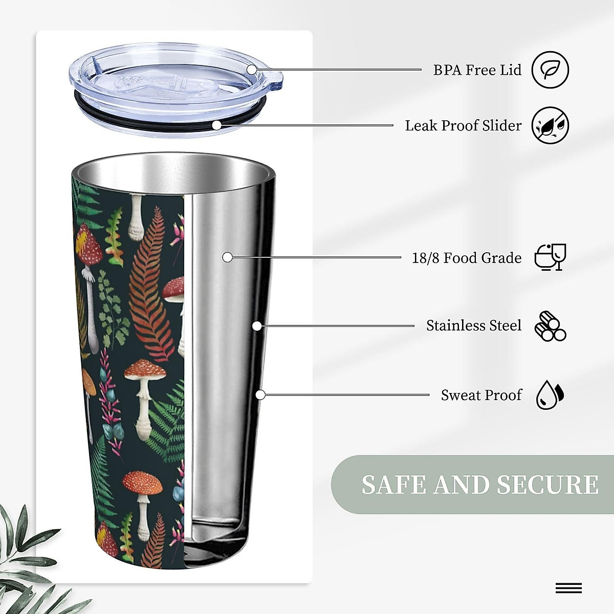 CHASOEA Mushroom Tumbler 20oz Botanical Stainless Steel Insulated Tumblers with Lid and Straw Leaves Travel Coffee Mug Tea Wine Cups Water Bottle Sport Gifts for Women Mushrooms Lover
