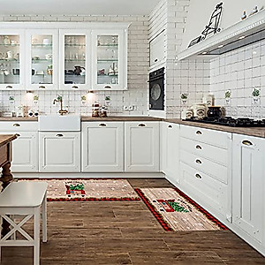 Kitchen Mat Rug Set of 2 Christmas Red Truck Xmas Tree Wood Grain Black Plaid Runner Rug Anti-Fatigue Comfort Memory Foam Standing Mat Non-Slip Floor Door Mat for Bathroom Bedroom 20x32in+20x63in