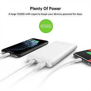 Belkin USB-C Power Bank 10K, Fast Charging Portable Battery Pack w/ USB-C + USB Ports, Compatible w/ iPhone 14, 14 Plus, 14 Pro, 14 Pro Max, 13, 13 Mini, Galaxy S23, S23+, Ultra and More - White