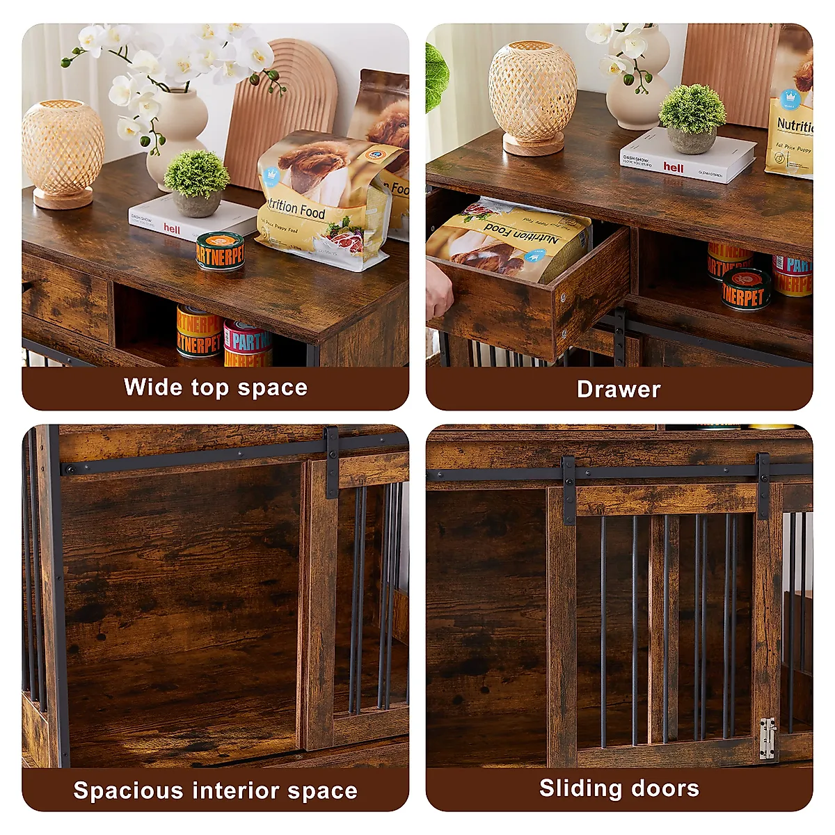 Lostcat Dog Crate Furniture with Sliding Barn Door, with Drawer and Storage,35in Rustic Style Decorative Dog Cage,Wooden Dog Kennel End Table, Easy Assembly,for Small Medium Dog(Rustic Brown)