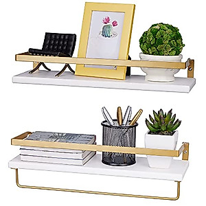 Peter's Goods Modern Floating Shelves with Rail, Modern Brass Finish, Set of 2 Shelves - Wall Mounted Bathroom Wall Shelves with Towel Bar - Also Perfect for Bedroom Decor and Kitchen Storage
