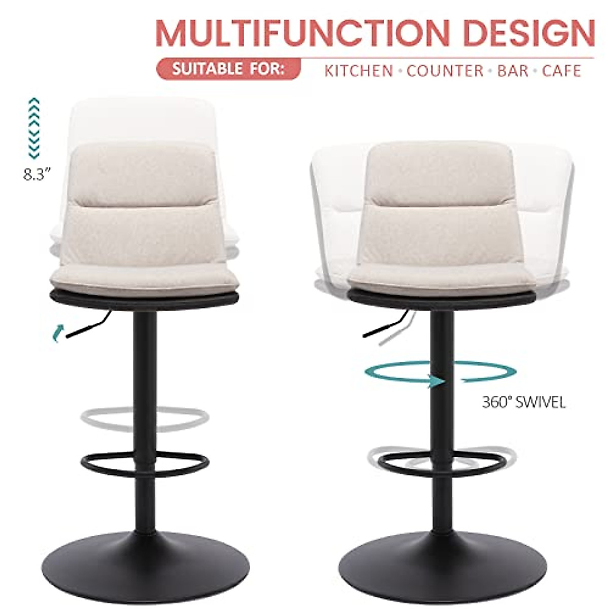 Brage Living Fabric Adjustable Bar Stool, Swivel Counter Height Barstool with Back, Armless Kitchen Bar Chair for Dining Cafe with Large Black Base (Greige)