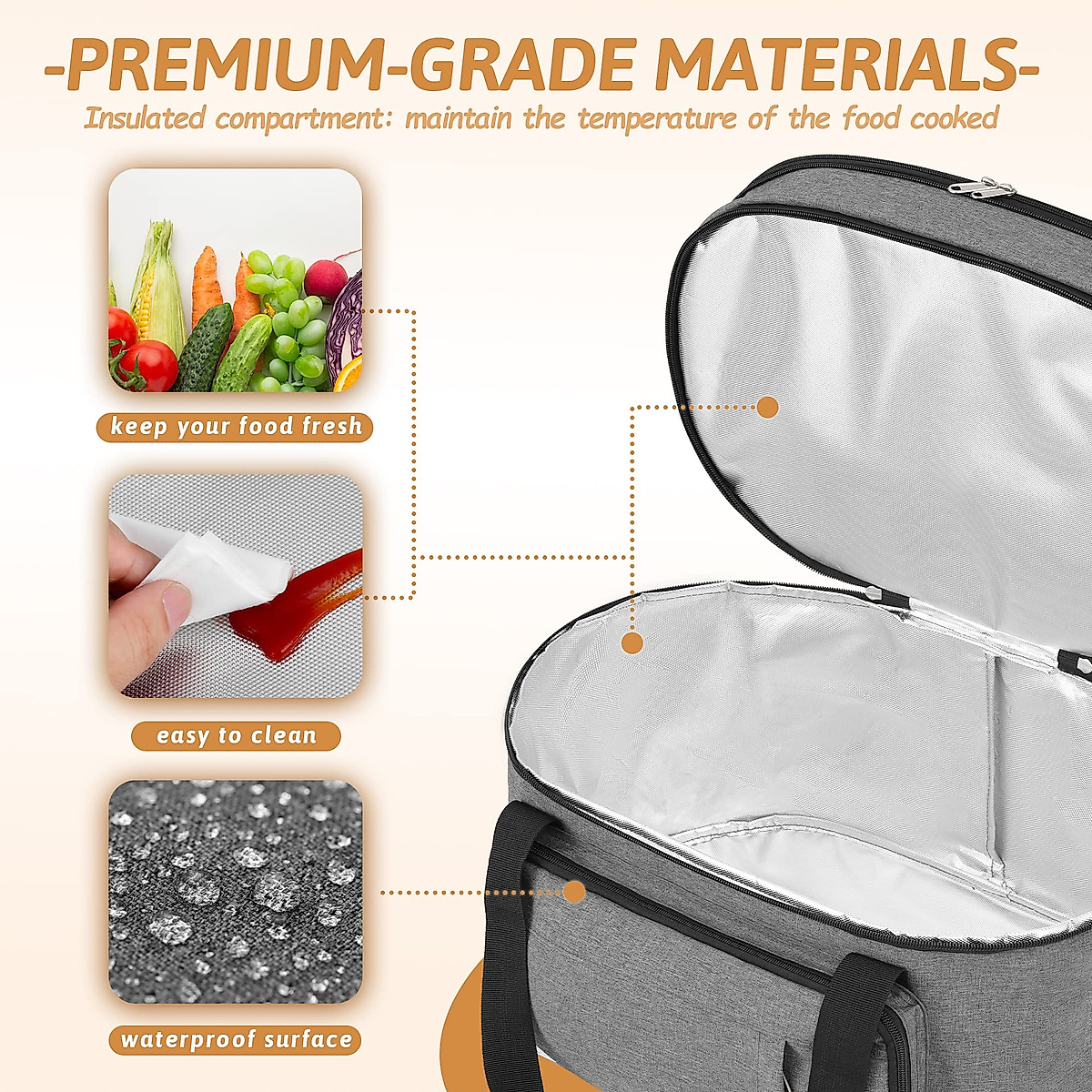 Golkcurx Double Layer Slow Cooker Bag for 6-8 Quart Oval CrockPot and Hamilton Beach Models, with Padded Adjustable Strap, Top Zip Compartment, and Front Pocket for Utensils(Bag Only)