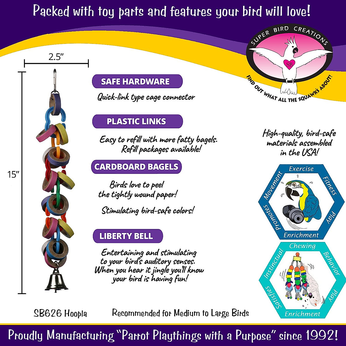 Super Bird Creations SB626 Hoopla Bird Toy, Medium/Large Bird Size, 15" x 2.5"