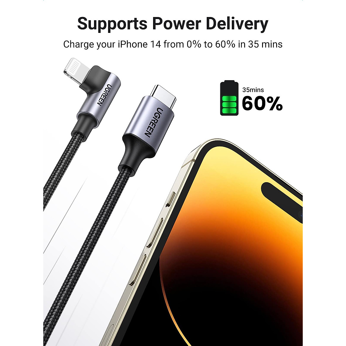 UGREEN MFi Certification Lightning Cable - 90 Degree USB C to Lightning Cable 6FT Compatible with iPhone 14/14 Pro/14 Pro Max, iPhone 13/12/11/X/XR/XS/8 Series, iPad, AirPods Pro