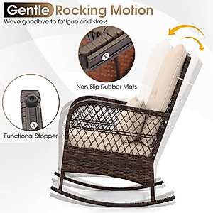 RELAX4LIFE 3-Piece Rocking Bistro Set - Rattan Wicker Rocking Chairs w/2-Tier Coffee Table, Cushions & Pillows, Conversation Rocker Set for Porch Garden Backyard, Outdoor Patio Furniture (Beige)