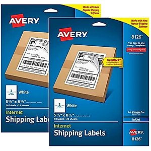 Avery Printable Shipping Labels, 5.5" x 8.5", White, 50 per Pack, 2 Packs, 100 Blank Mailing Labels (8126)